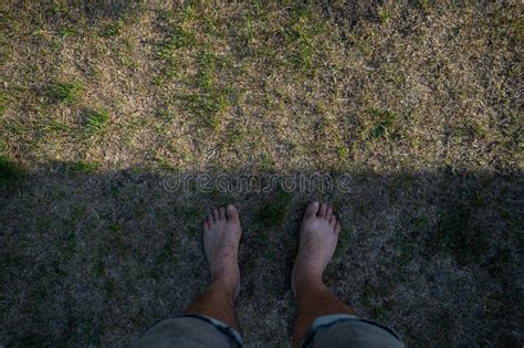 Top View Barefoot Man Walking On The Lawn Stock Image Image Of