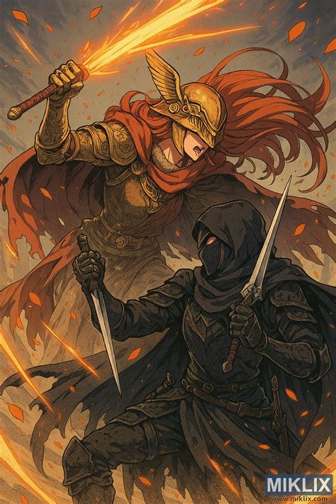 Slika Crni Nož Protiv Malenije — Anime Elden Ring Fan Art Miklix