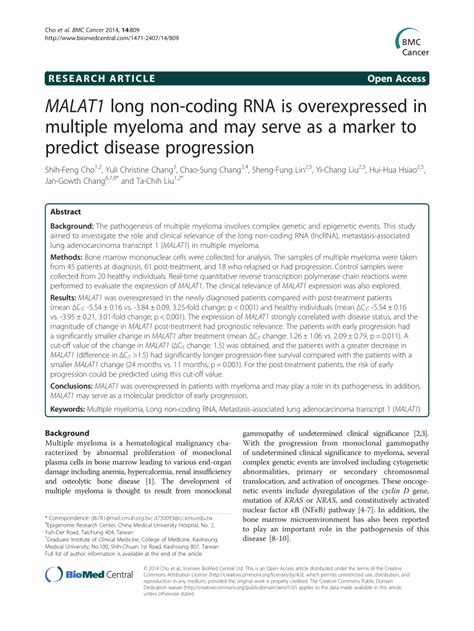 Pdf Malat1 Long Non Coding Rna Is Overexpressed In Multiple Myeloma