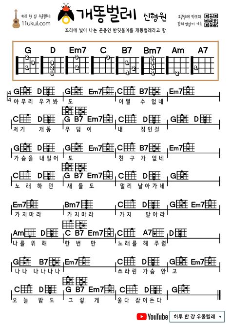 개똥벌레 신형원 우쿨렐레 쉬운 코드 악보