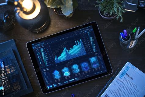 Tablet Displaying Data Analytics Charts And Graphs On A Dark Desk With Office Supplies 1