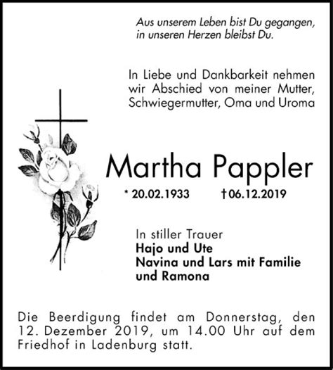 Traueranzeigen Von Martha Pappier Trauerportal Ihrer Tageszeitung