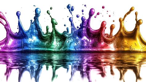 Colorful Splashes Of Liquid Creating A Vibrant Visual Effect On A Reflective Surface Stock
