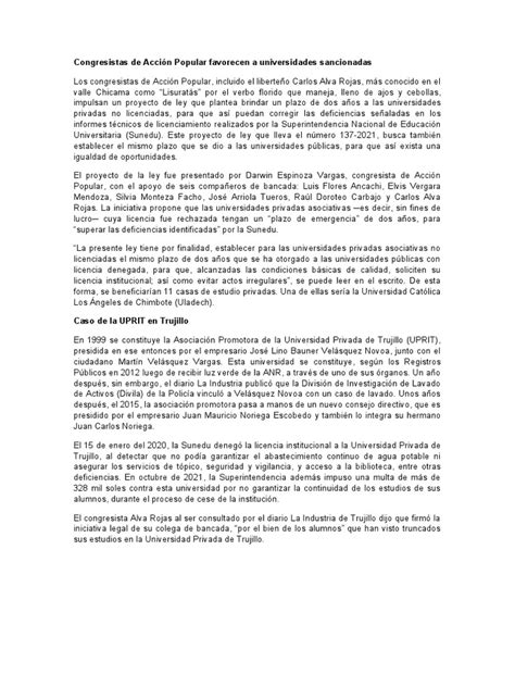Congresistas De Acción Popular Favorecen A Universidad Sancionada Pdf