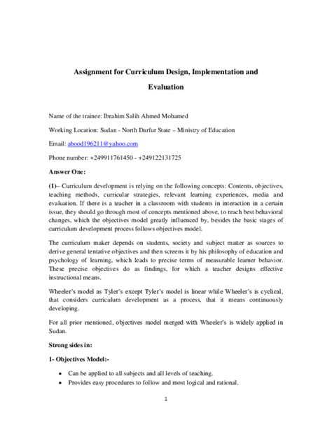 Doc Assignment For Curriculum Design Implementation And Evaluation