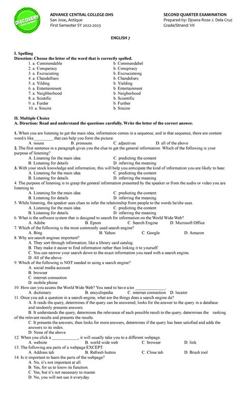 English Nd Quarter Examination English I Spelling Direction