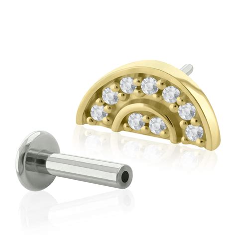 Threadless End And Labret Solid 14k Gold Crystal Fan End Titanium