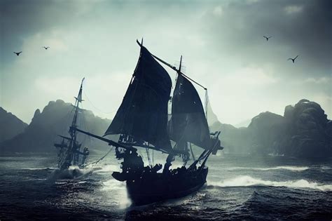 Navios piratas em um mar agitado ondas altas sob um céu nuvens