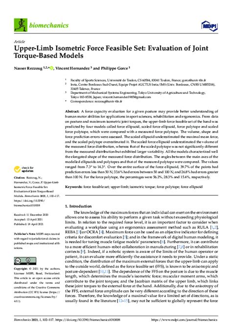 Pdf Upper Limb Isometric Force Feasible Set Evaluation Of Joint Torque Based Models Vincent