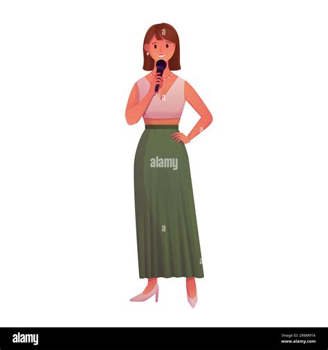 Cartoon Young Woman With Microphone Performing Funny Standup Speech