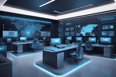 premium photo rendered modern command center in blue colors