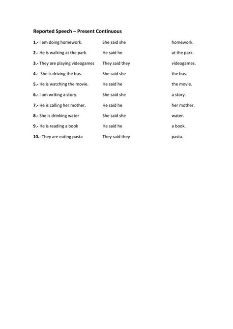 Reported Speech Present Continuous Worksheet Reported Speech Speech English As A Second