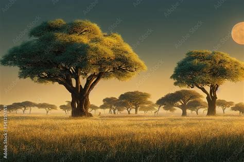 Savannah With Trees Green Grass Bushes And Mountains On The Horizon