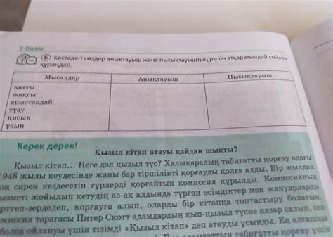 Кестедегі сөздер анықтауыш және пысықтауыштың рөлін атқаратындай сөйлем