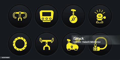 자전거 바퀴 타이어 벨 핸들 바 고정식 자전거 외발 자전거 또는 하나 속도계 잠금 장치 및 아이콘을 설정합니다 벡터 1에 대한 스톡 벡터 아트 및 기타 이미지 Istock