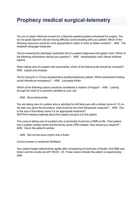 Prophecy Medical Surgical Telemetry Exam Questions And Answers