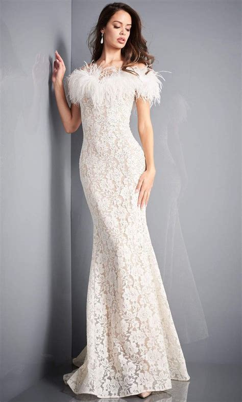 Jovani 06451 Feather Off Shoulder Allover Lace Mermaid Gown Couture