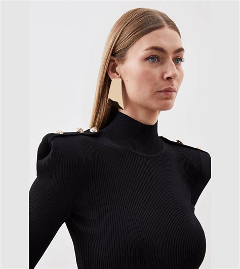Buy Karen Millen Ribbed Knit Power Shoulder Military Trim Maxi Dress In