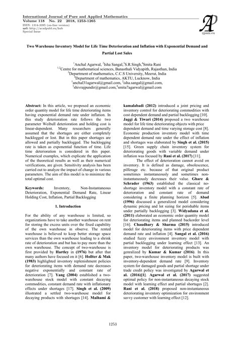Pdf Two Warehouse Inventory Model For Life Time Deterioration And Inflation With Exponential