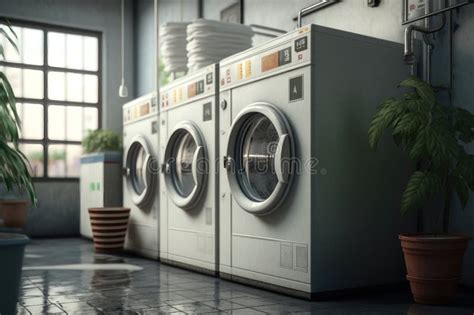 Public Laundry Row Of Industrial Laundry Machines In Laundromat Stock