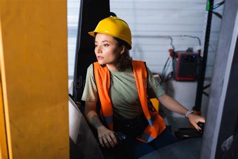 Thoughtful Female Forklift Operator In Hard Stock Photo Image Of Pallet Warehouse 308058878