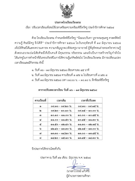 โรงเรียนเวียงสระ ขอแจ้งประกาศโรงเรียนเวียงสระ เรื่อง ปรับเวลาเรียนเพื่อขอใช้เวลาเตรียมความ