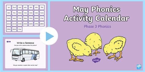 Phase 3 May Phonics Activity Calendar Powerpoint Twinkl