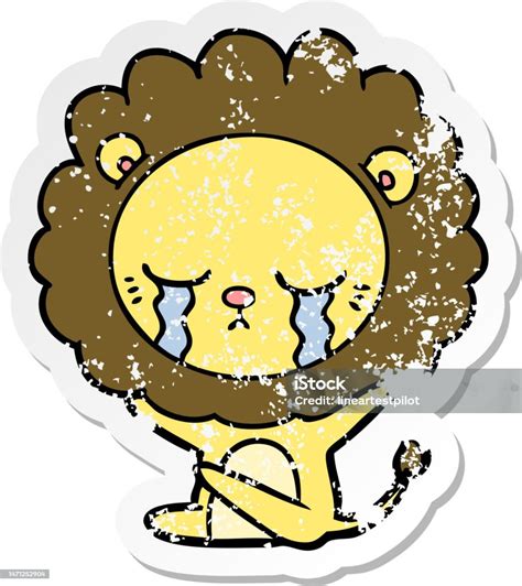 Autocollant En Détresse Dun Lion De Dessin Animé En Pleurs Vecteurs