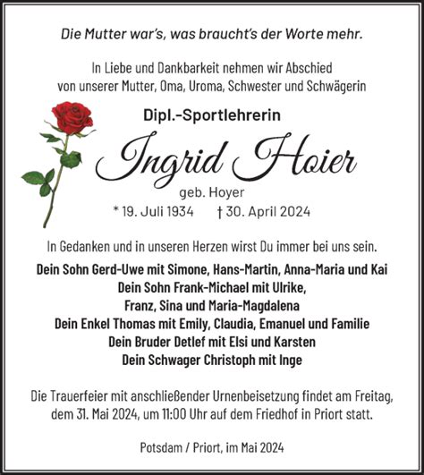 Traueranzeigen Von Ingrid Hoier Märkische Onlinezeitung Trauerportal