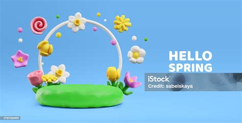 잔디밭에 장식용 꽃 프레임이 있는 웹사이트 배너 템플릿은 Hello Spring 3d 스타일에 대해 설명합니다 0명에 대한 스톡