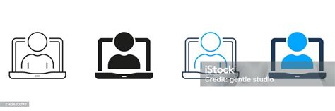 노트북 라인에 있는 사람과 실루엣 아이콘 세트 온라인 화상 회의 컴퓨터 사용자 비즈니스 네트워크 픽토그램 원격 직원 기호입니다 편집 가능한 획 고립된 벡터 삽화 아이콘에