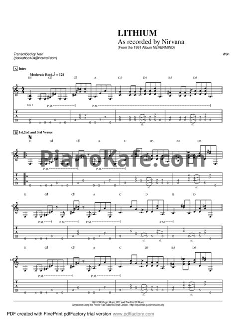 НОТЫ Nirvana Lithium ноты для гитары — Pianokafe