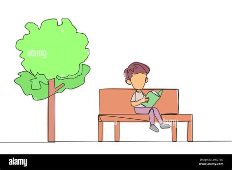 Continuous One Line Drawing Boy Sitting On School Park Bench Reading
