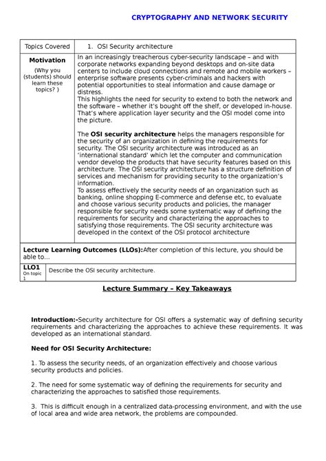 Osi Security Architecture Cryptography And Network Security Topics