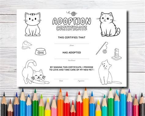 Cat Adoption Certificate To Color Printable Coloring Pages Kitten Party Adoption Certificate