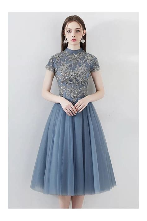 Dusty Blue Short Tulle Party Prom Dress With Embroidered Cap Sleeves