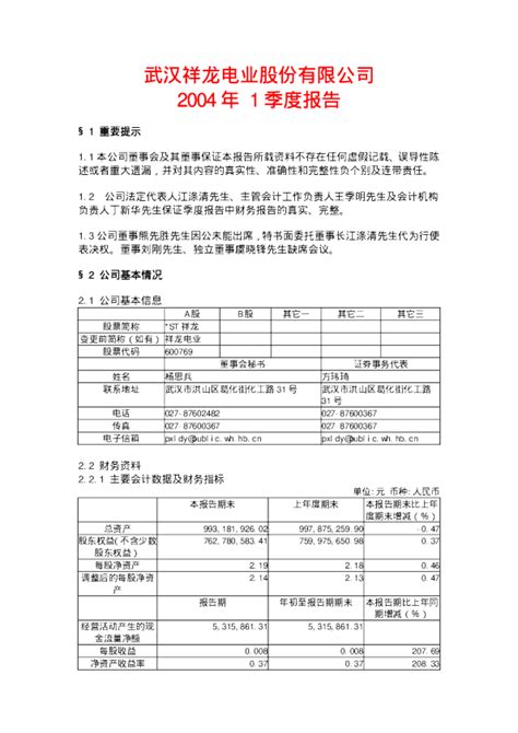 祥龙电业：st祥 龙2004年第一季度报告