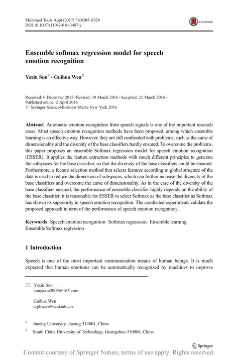 Ensemble Softmax Regression Model For Speech Emotion Recognition