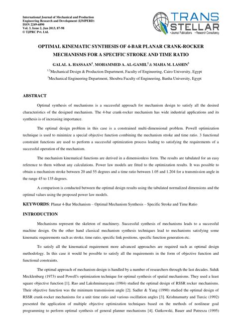 PDF OPTIMAL KINEMATIC SYNTHESIS OF BAR PLANAR CRANK ROCKER MECHANISMS FOR A SPECIFIC STROKE