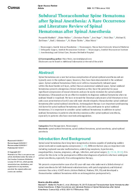 Pdf Subdural Thoracolumbar Spine Hematoma After Spinal Anesthesia A