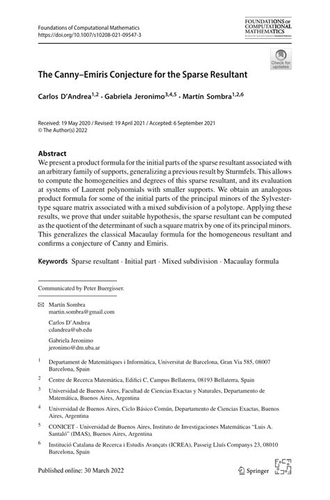Pdf The Cannyemiris Conjecture For The Sparse Resultant