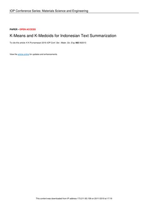 Pdf K Means And K Medoids For Indonesian Text Summarization