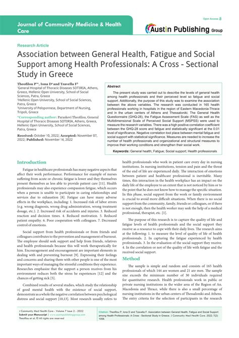 Pdf Association Between General Health Fatigue And Social Support