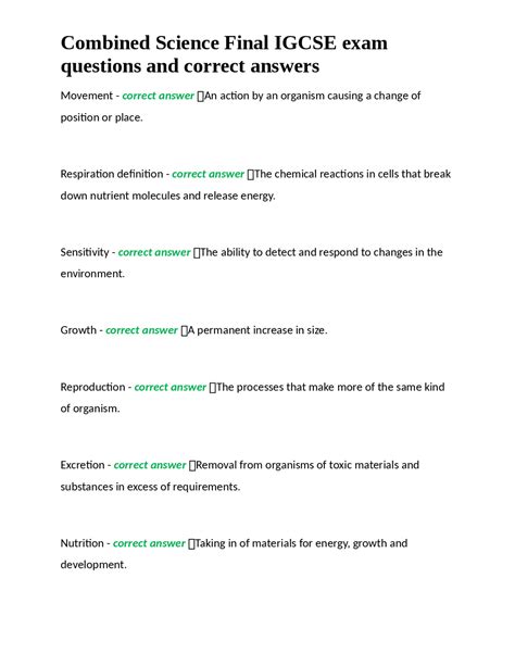 Combined Science Final Igcse Exam Questions And Correct Answers Exams Nursing Docsity