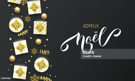 프리미엄 블랙 배경에 Joyeux 노엘 프랑스어 메리 크리스마스 황금 인사말 카드 크리스마스 서 예 글자 선물 눈송이 골드