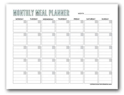 Blank Monthly Menu Template