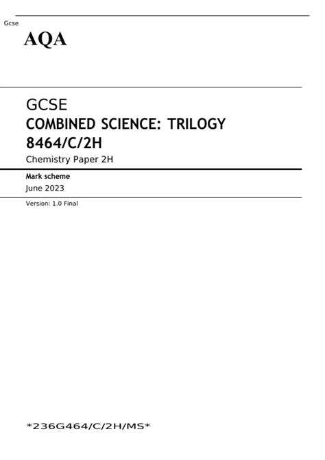 Aqa Gcse Combined Science Trilogy Higher Tier Chemistry Paper 1 And 2 June 2023 Question Papers