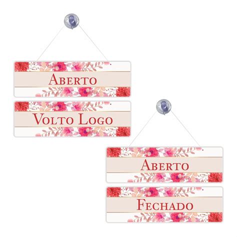 Placa Aberto Volto Logo Rosa Floral Flores Com Ventosa Para Loja