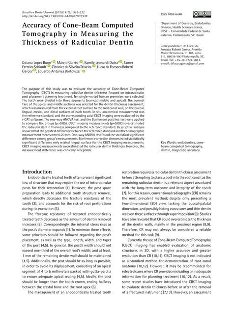 Pdf Accuracy Of Cone Beam Computed Tomography In Measuring The Thickness Of Radicular Dentin