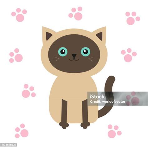 평면 디자인 스타일의 샴 고양이 파란 눈을 가진 귀여운 만화 캐릭터 발 인쇄 흰색 배경입니다 격리 갈색에 대한 스톡 벡터 아트